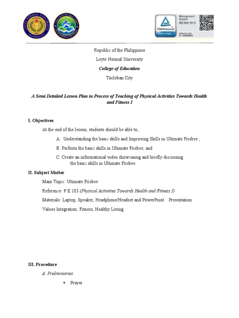 Ultimate Frisbee Lesson Plan for P.E. | PDF | Teachers | Lesson Plan