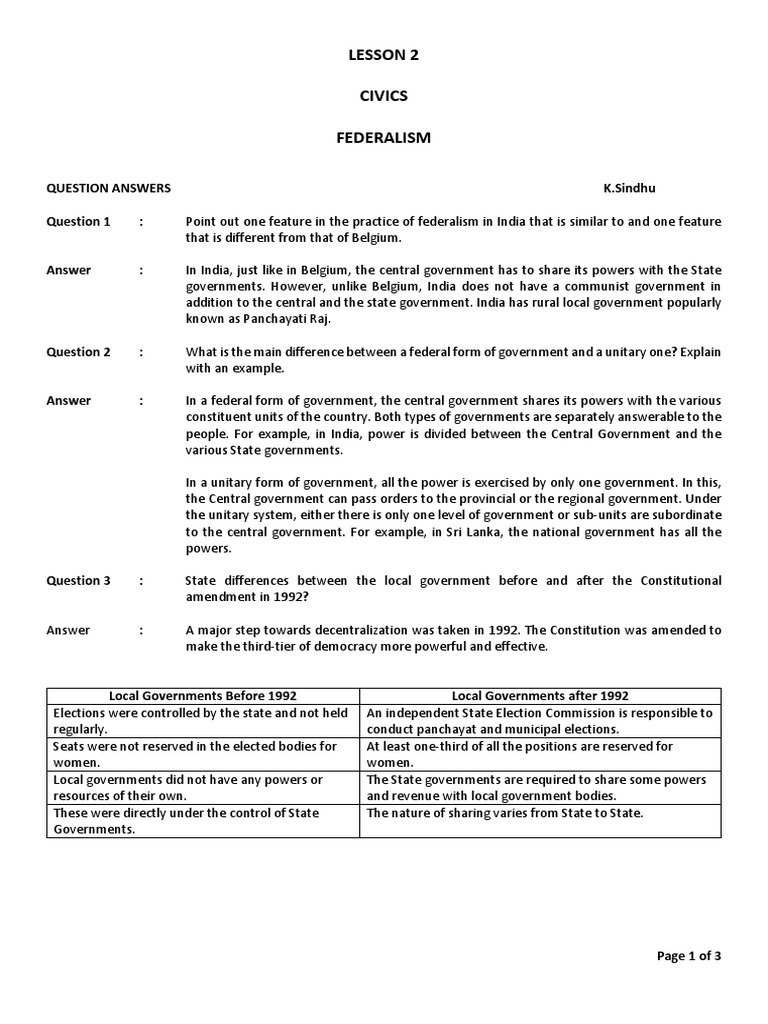 Lesson 2 Civics Federalism: Question Answers K.Sindhu | PDF ...