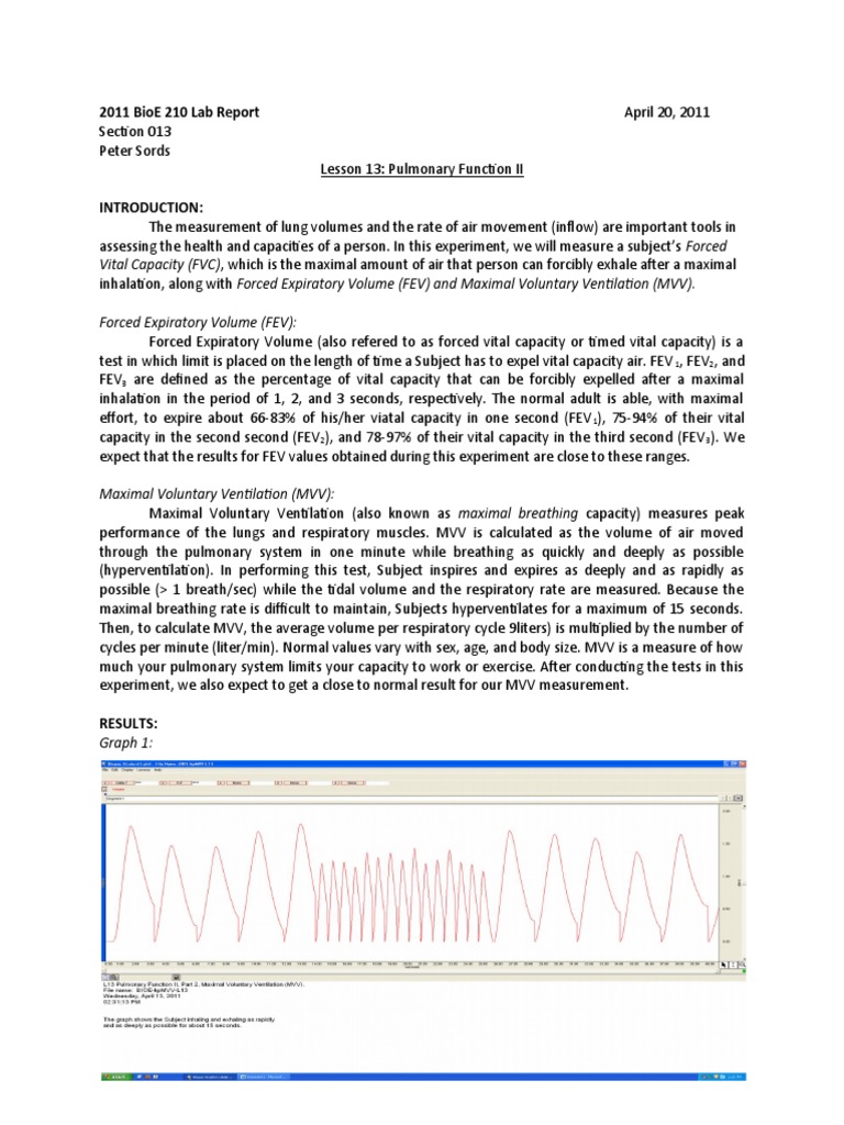 2011 BioE 210 Lab Report 10 | PDF | Exhalation | Breathing