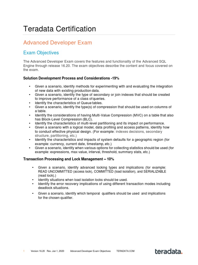 Teradata Certification: Advanced Developer Exam | PDF | Information Retrieval | Software Engineering