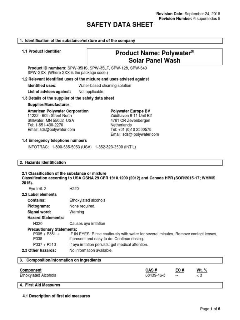 Solar Panel Wash SDS NAM en | PDF | Toxicity | Water