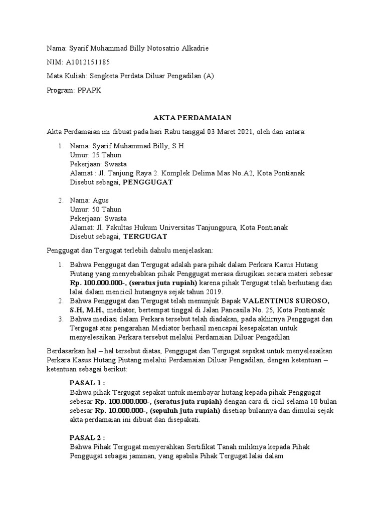 Akta Perdamaian - Syarif Muhammad Billy - A1012151185 | PDF