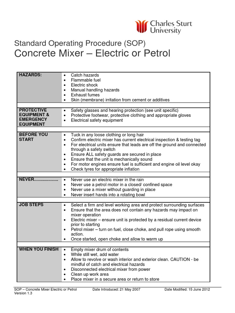Concrete Mixer - Electric or Petrol: Standard Operating Procedure (SOP ...