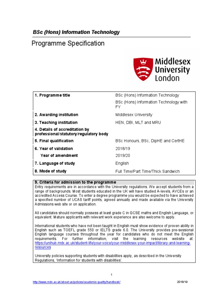 Programme Specification: BSC (Hons) Information Technology | PDF | Information System | Computing