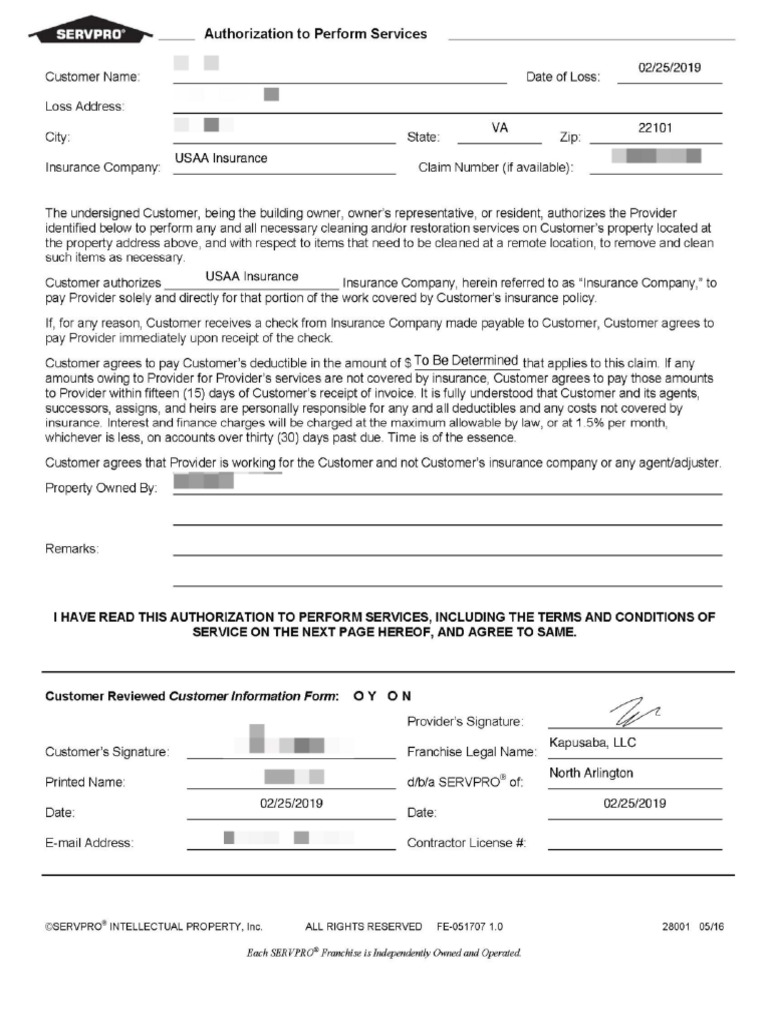 ServPro 28001 Authorization To Perform Services | PDF