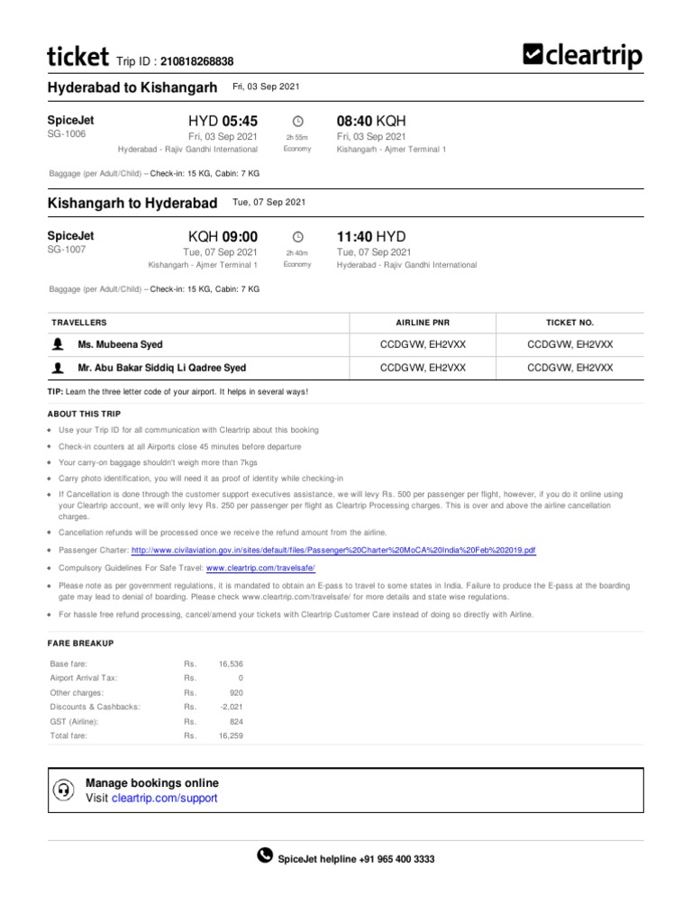 Cleartrip Flight Domestic E-Ticket | PDF | Aviation | Transport