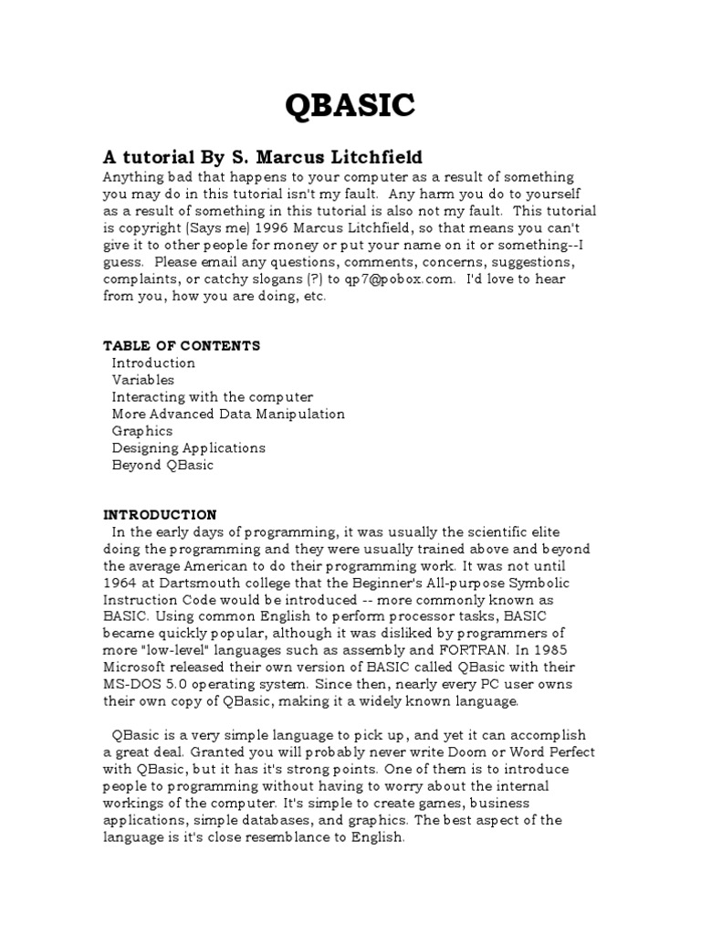 Qbasic Tutorial - by S. Marcus Litchfield | PDF | Data Type | Parameter ...