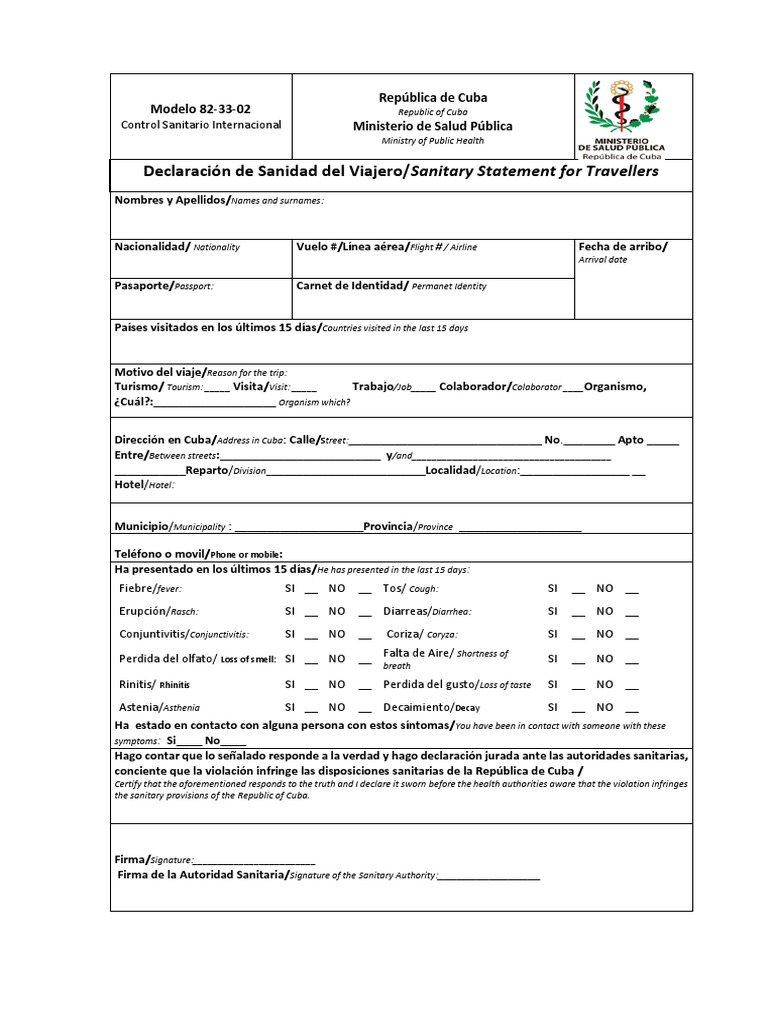 Modelo 82 33 Declaracion de Sanidad Del Viajero CUBA | PDF
