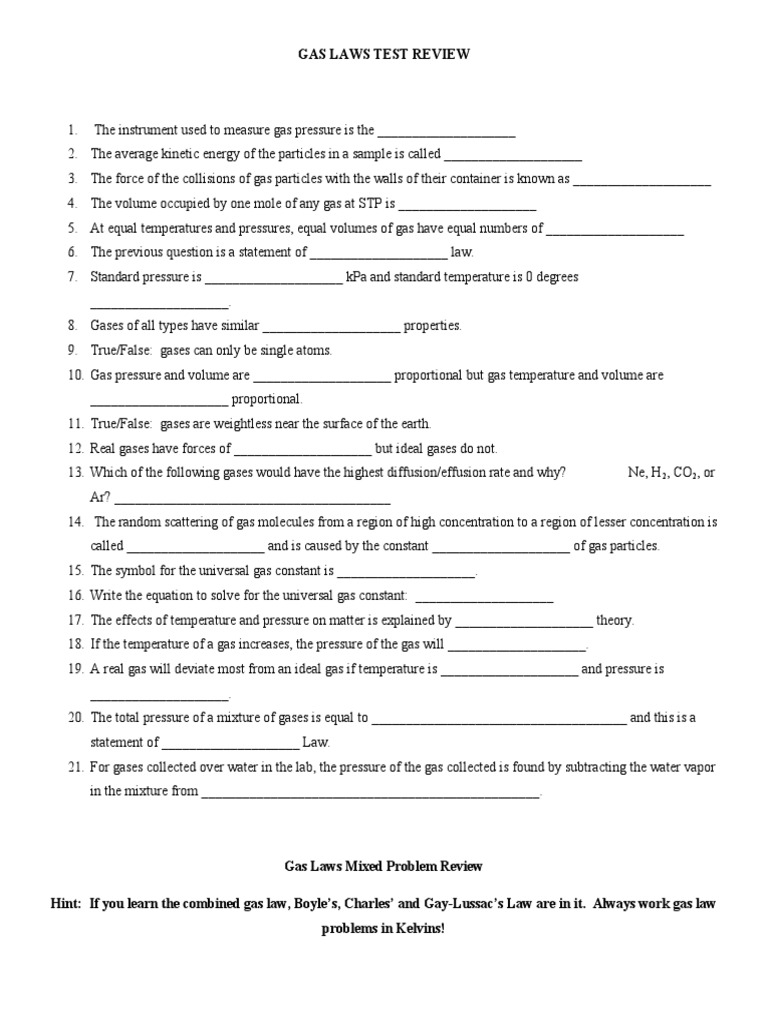 Gas Laws Test Review | PDF | Gases | Temperature