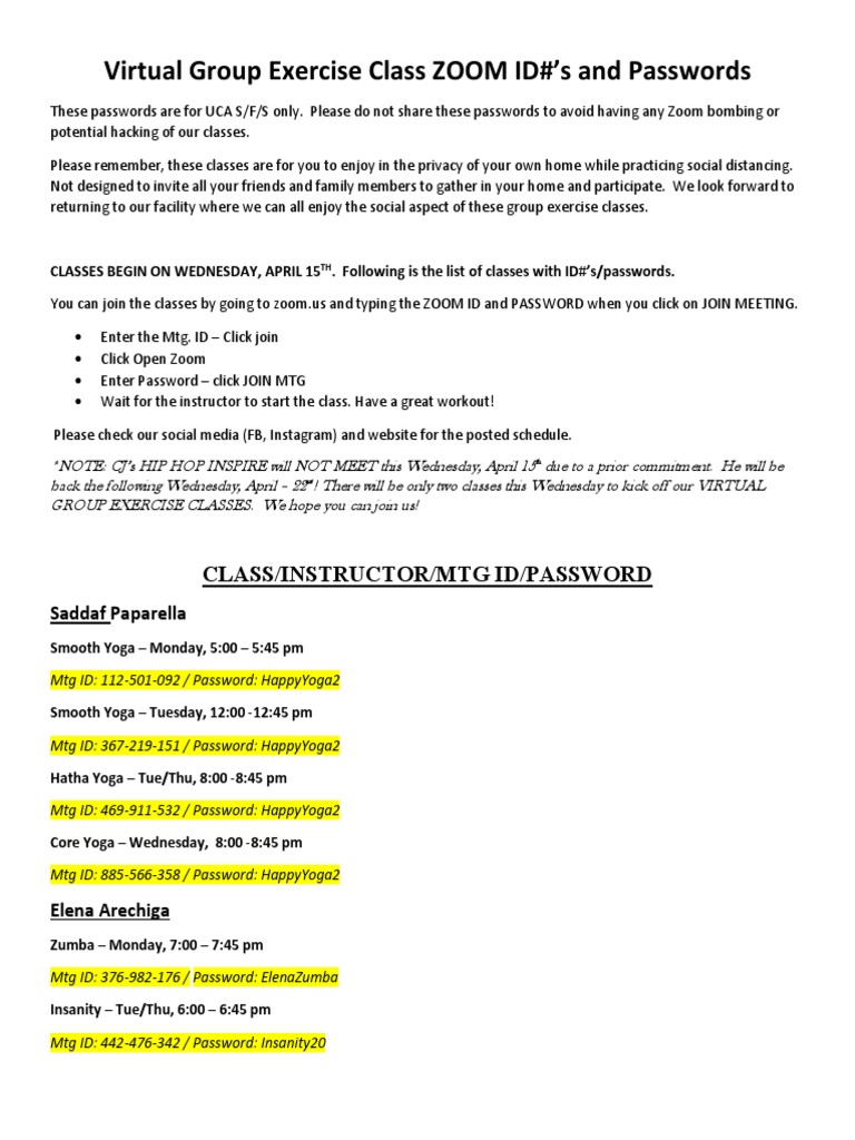 Virtual Group Exercise Class ZOOM ID#'s and Passwords | PDF