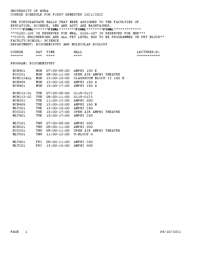 Final 2021 - 2022 First Semester Teaching Timetable | Download Free PDF ...