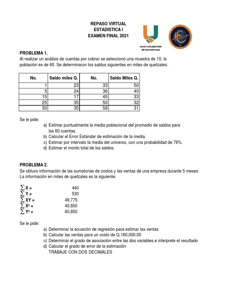 Enunciado Repaso Examen Final Estadística L | Descargar gratis PDF | Muestreo (Estadísticas ...