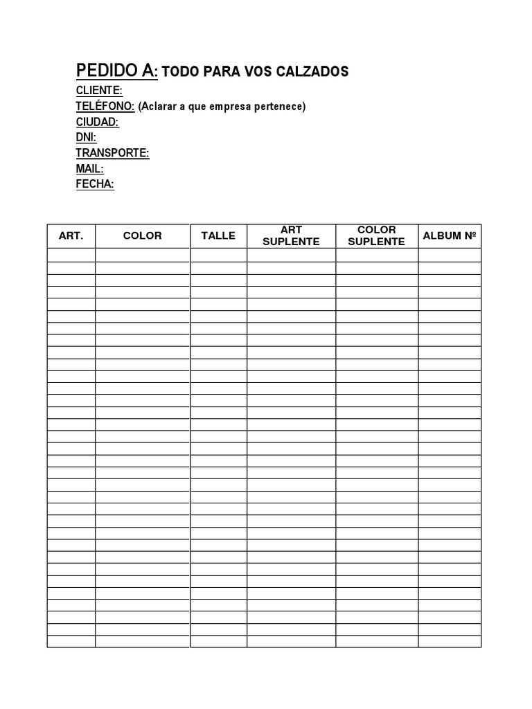 Modelo Planilla de Pedido | PDF