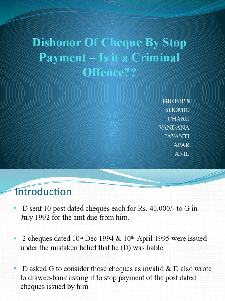 Dishonor of Cheque by Stop Payment - Is It A Criminal Offence ...