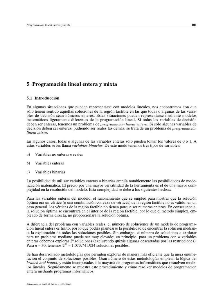 5 Programación Lineal Entera y Mixta | PDF | Programación lineal | Optimización Matemática
