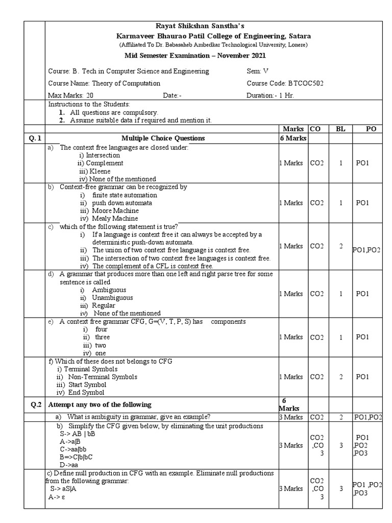 TOC - Question Paper - MID Sem Exam Nov-2021 | Download Free PDF ...