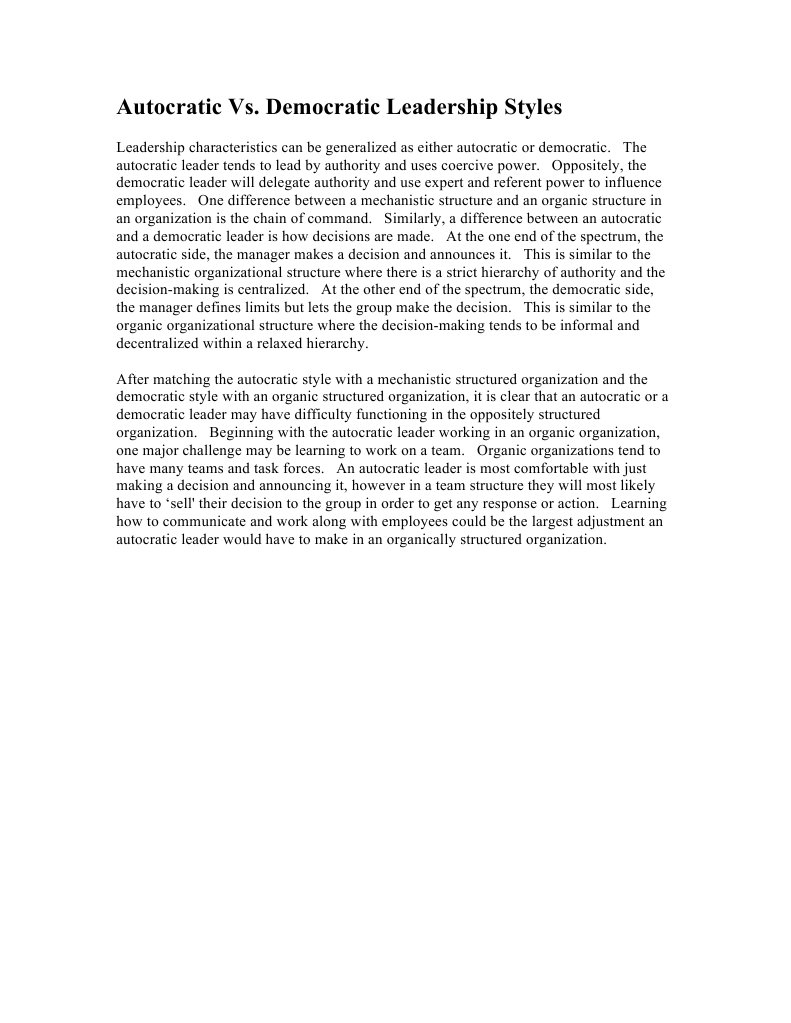 Autocratic vs. Democratic Leadership Styles | PDF | Organizational ...
