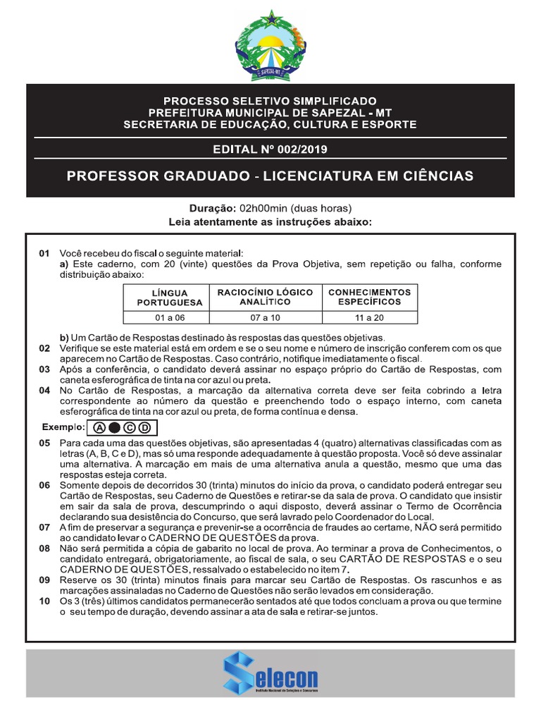 Prova de Concurso Professore de Ciências | PDF