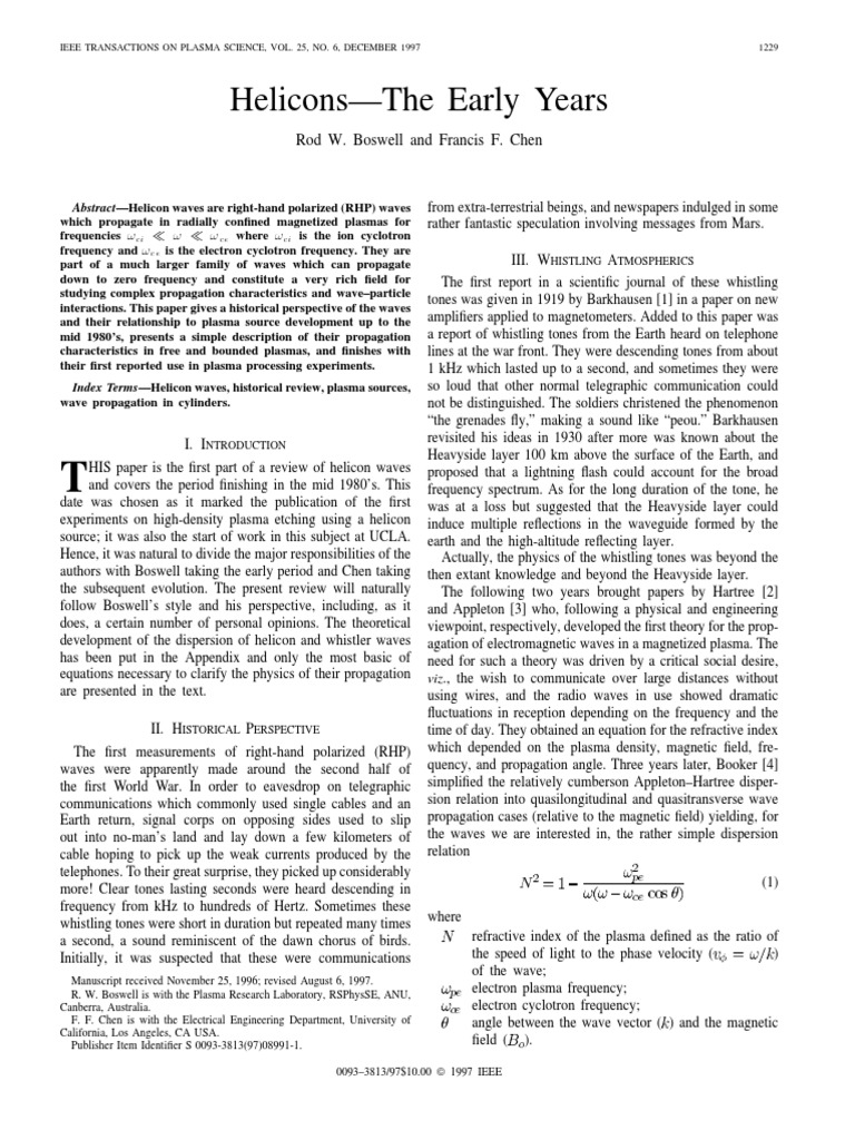 Helicons-The Early Years: Rod W. Boswell and Francis F. Chen | PDF | Waves | Plasma (Physics)