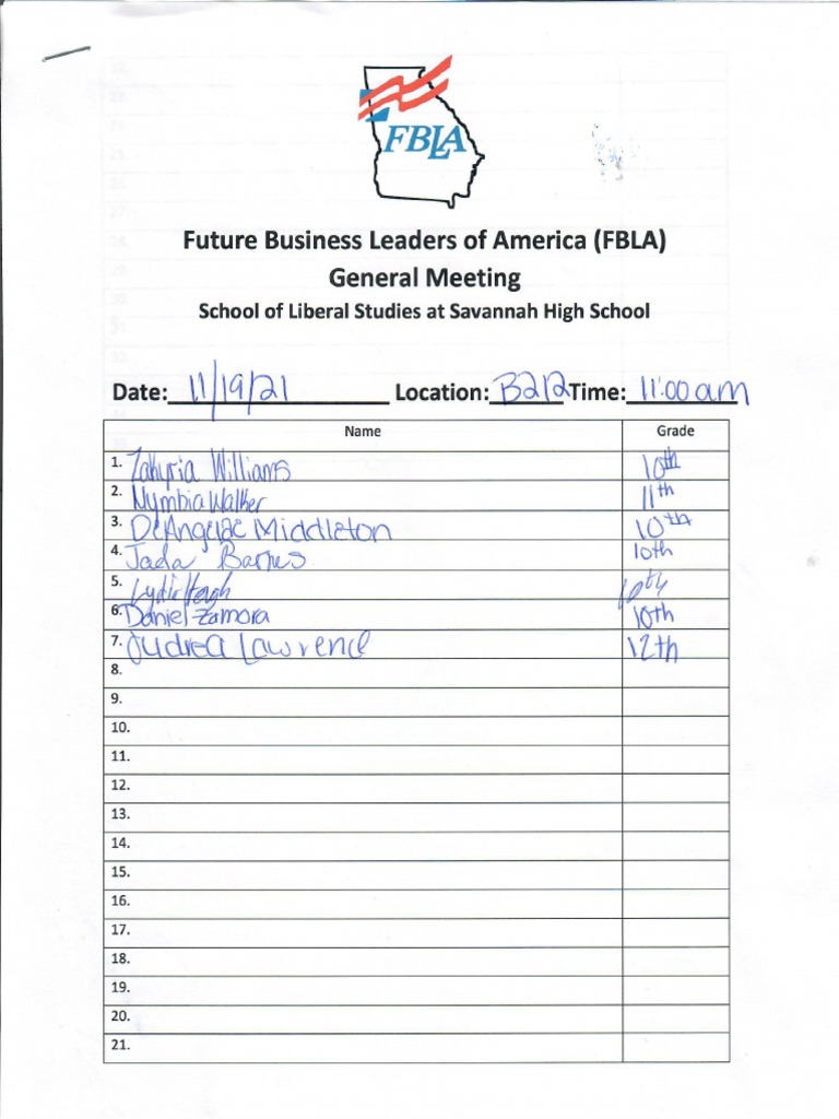 Fbla Meeting Sign in Sheet 11-19-21 | PDF