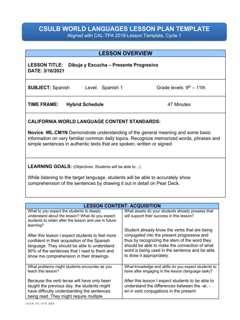 Csulb World Languages Lesson Plan Template | PDF | Reading ...
