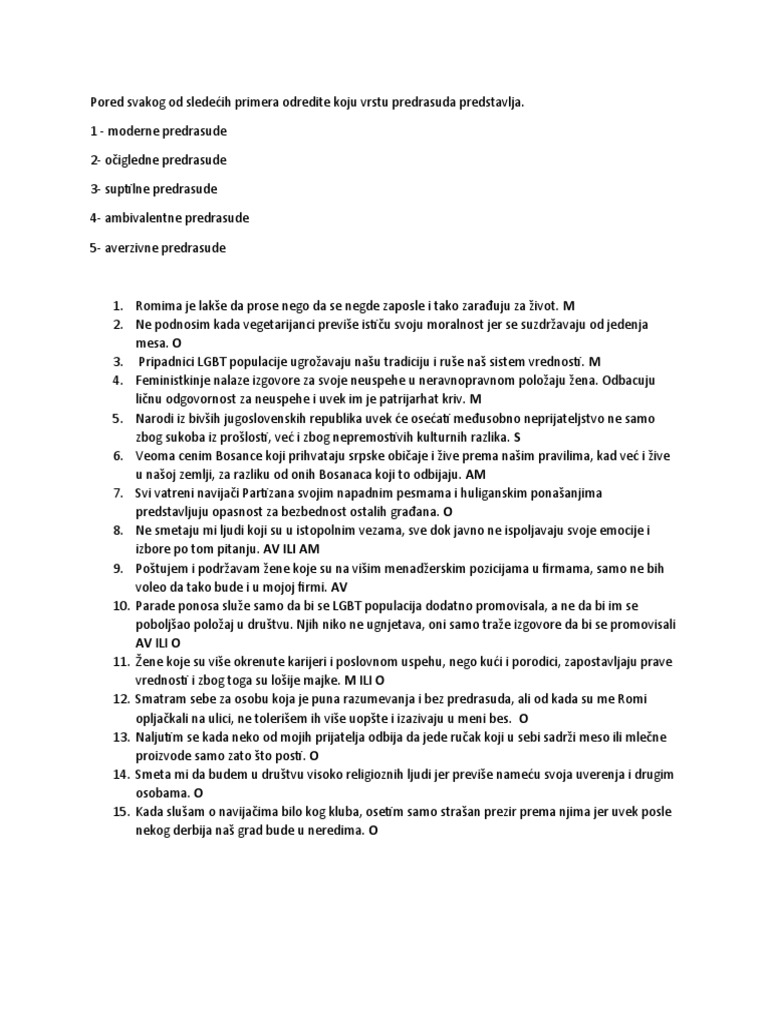 Vežbe - Predrasude | PDF