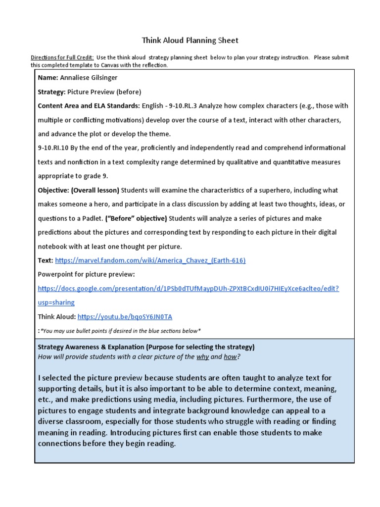 Think Aloud Strategy Planning Sheet 1 | Download Free PDF | Reading ...
