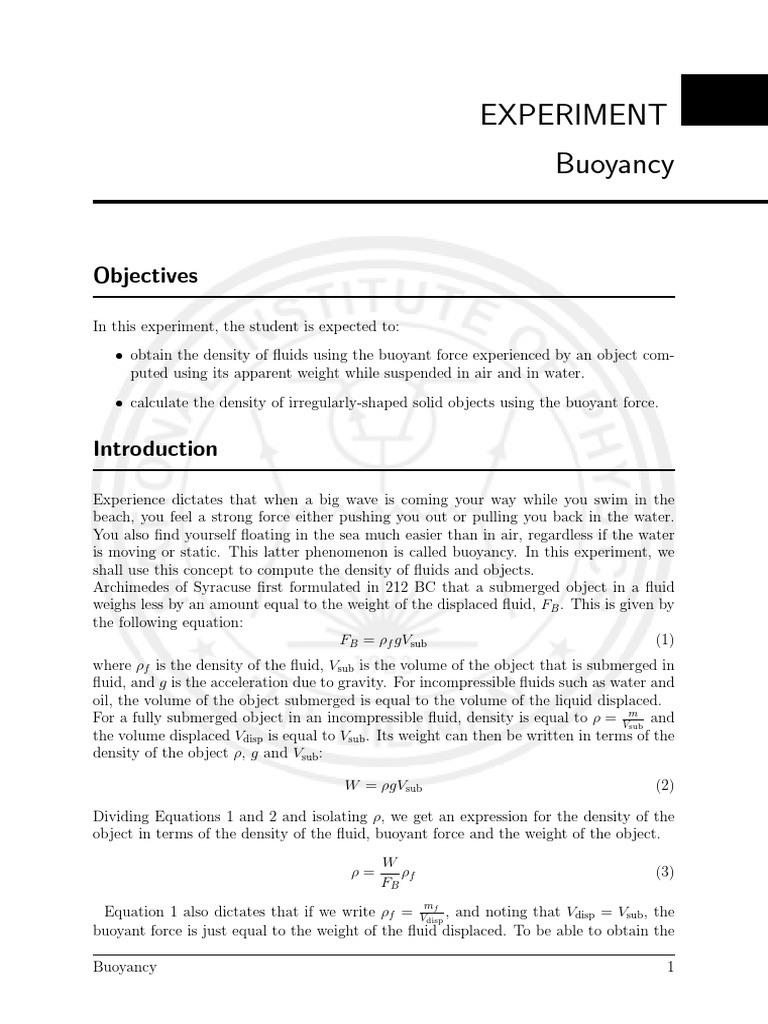 Experiment Buoyancy: Objectives | PDF | Buoyancy | Physical Quantities