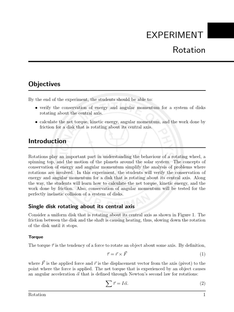 Experiment Rotation: Objectives | PDF | Rotation Around A Fixed Axis | Torque