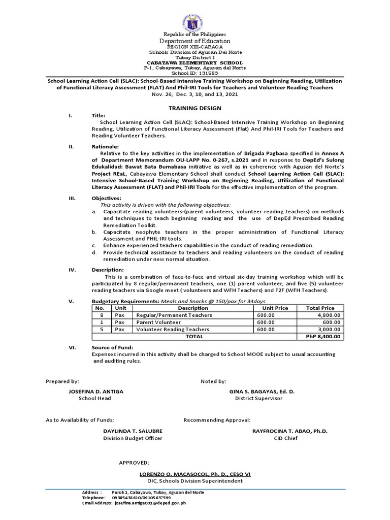 Training Design Matrix Memo Reading Cabayawa E.S. | PDF
