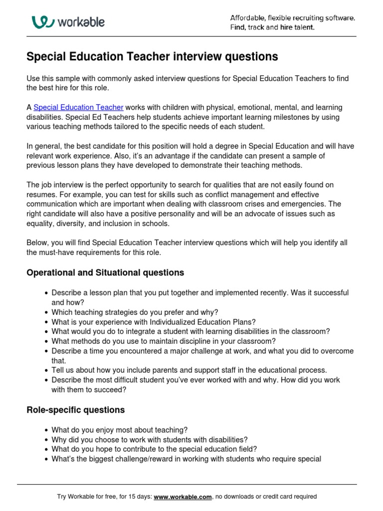 Special Education Teacher Interview Questions | PDF | Special Education ...