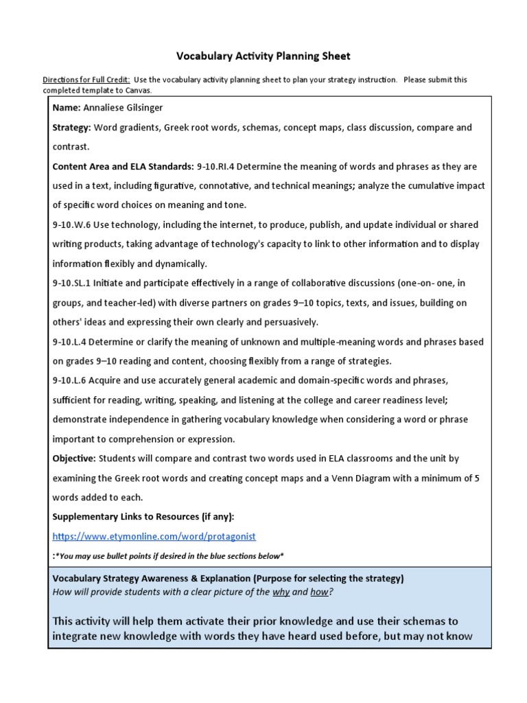 Vocabulary Activity Planning Sheet | PDF | Vocabulary | Reading ...