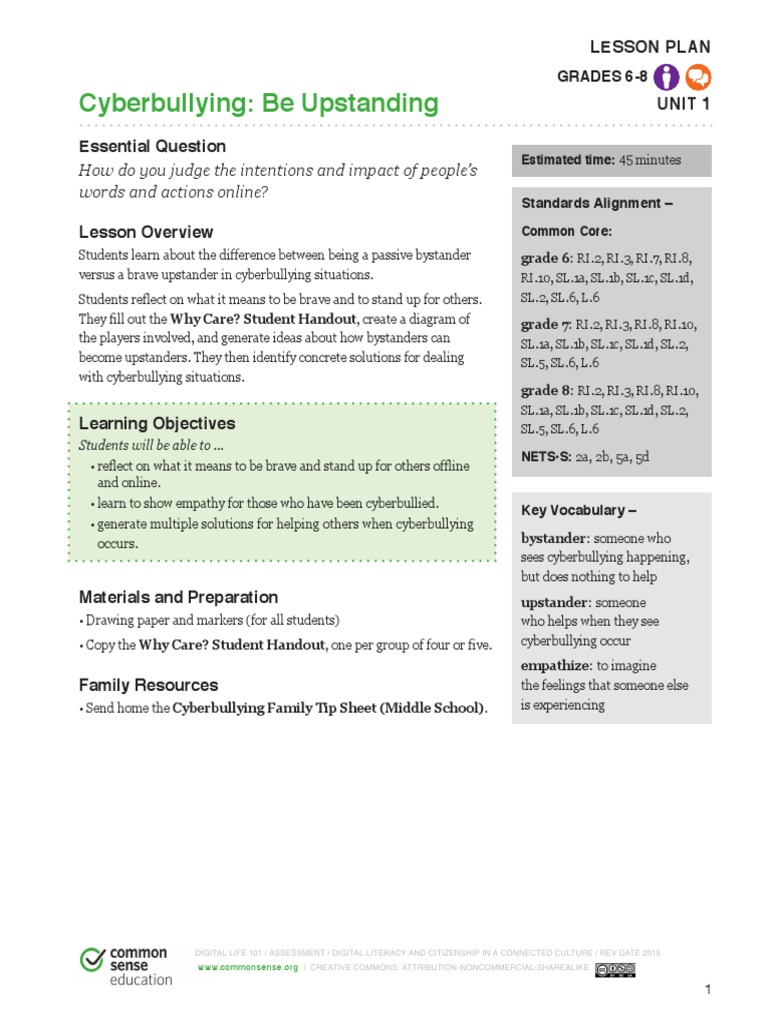 6 8 Unit1 Cyberbullyingbeupstanding | PDF | Cyberbullying | Bullying
