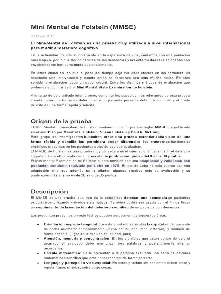 DESCRIPCION de Mini Mental de Folstein | PDF | Medicina CLINICA | Cognición