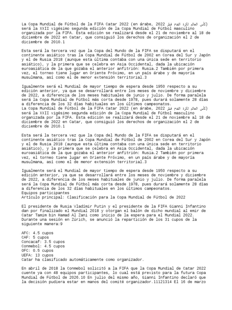 Mundial Catar 2022: Detalles y Participantes | PDF | Deportes de equipo ...