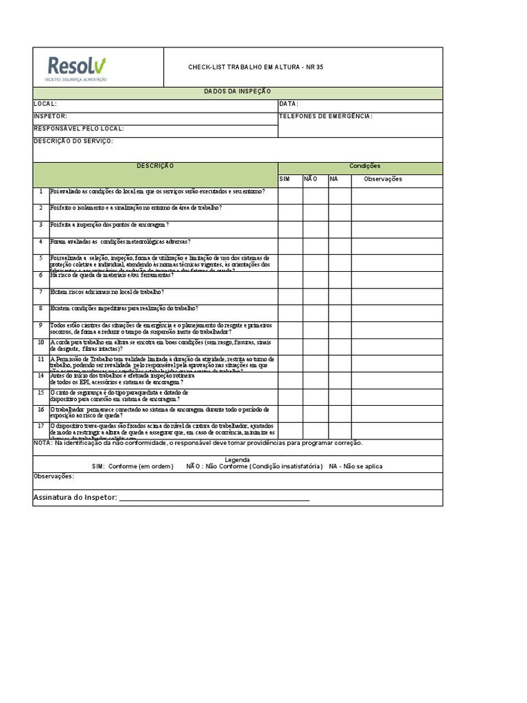 Check-List Trabalho em Altura | PDF