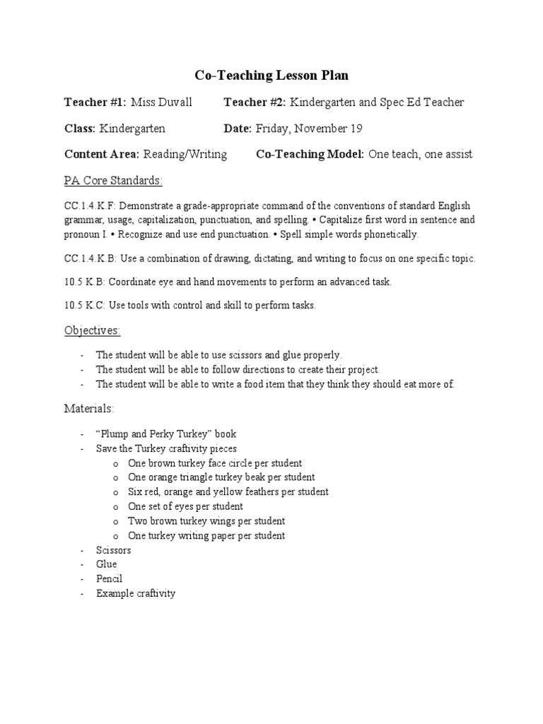 Kindergarten Co-Teach Lesson | PDF | Teachers | Reading Comprehension