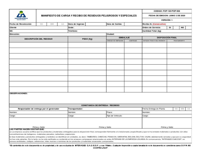 Formato Manifiesto de Carga | PDF