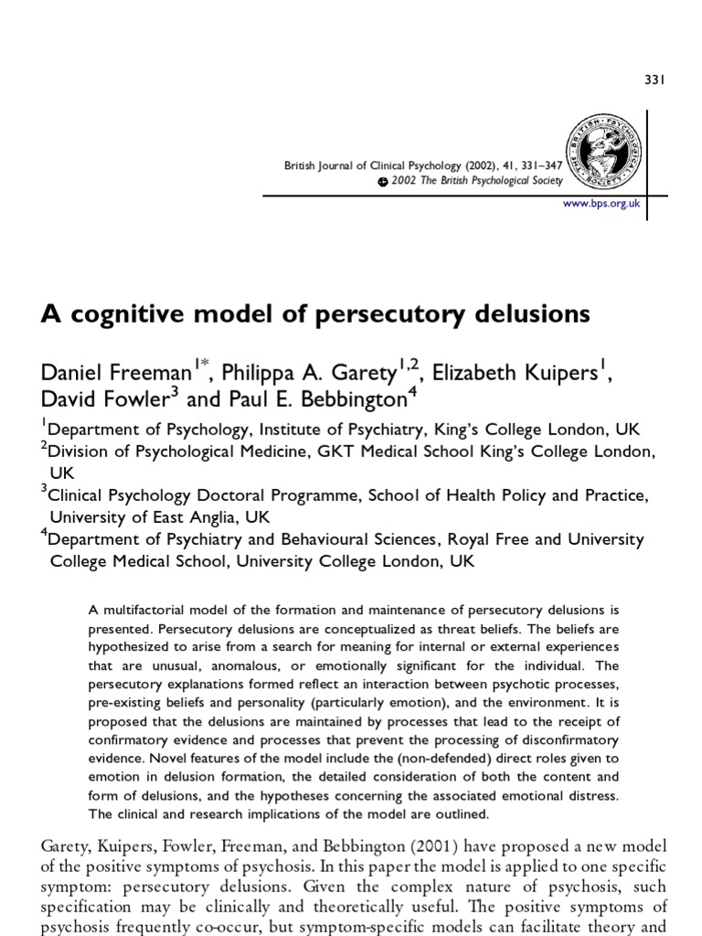 Cognitive Model of Persecutory Delusions | PDF | Delusion | Psychosis