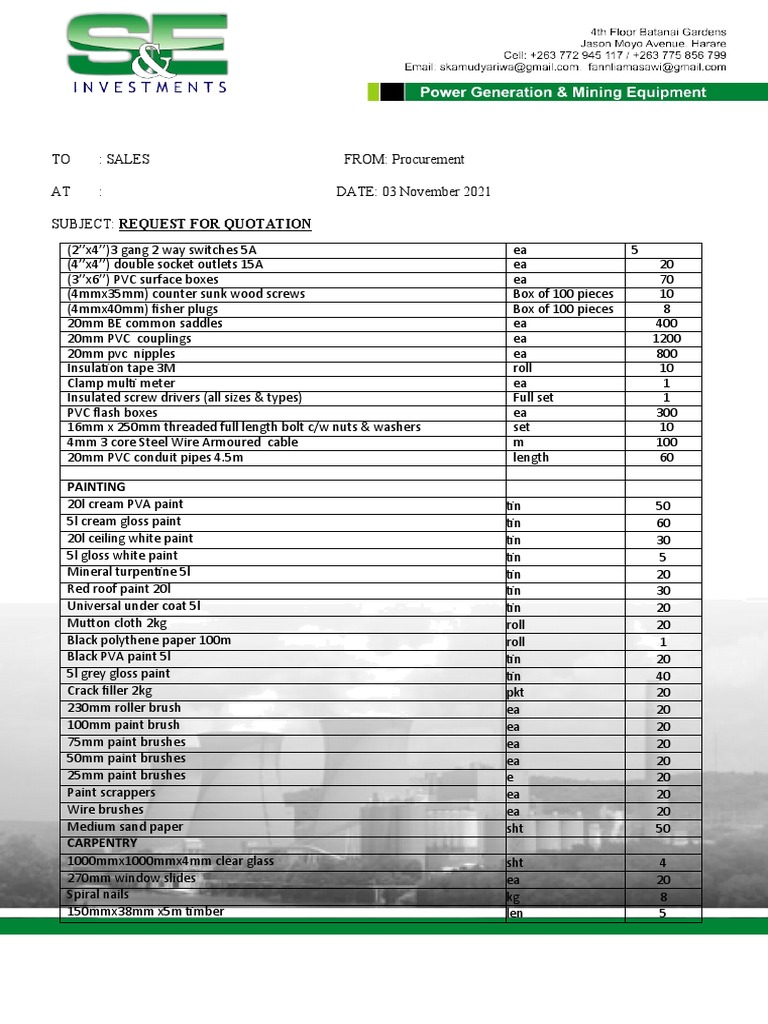 RFQ For Building, Electricals and Hardware | PDF | Screw | Paint