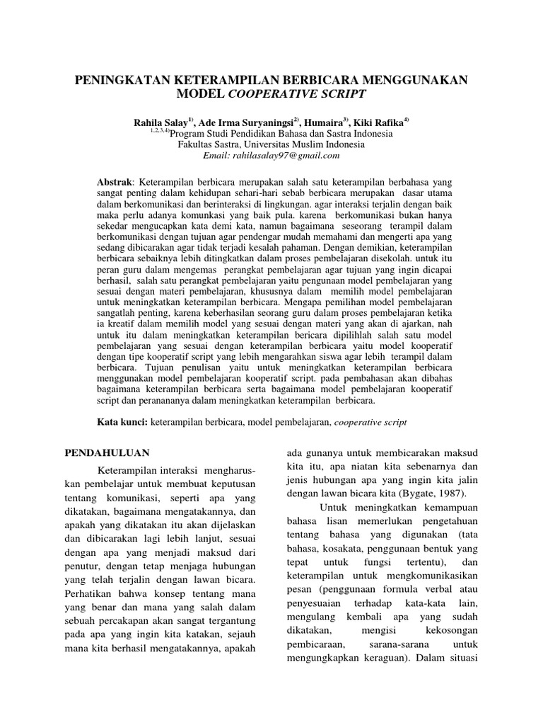 Peningkatan Keterampilan Berbicara Menggunakan Model Cooperative Script - Rahila DKK | PDF