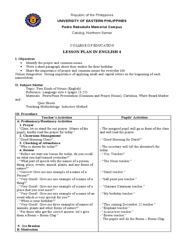 A Detailed Lesson Plan in English 4 | PDF | Noun | Lesson Plan