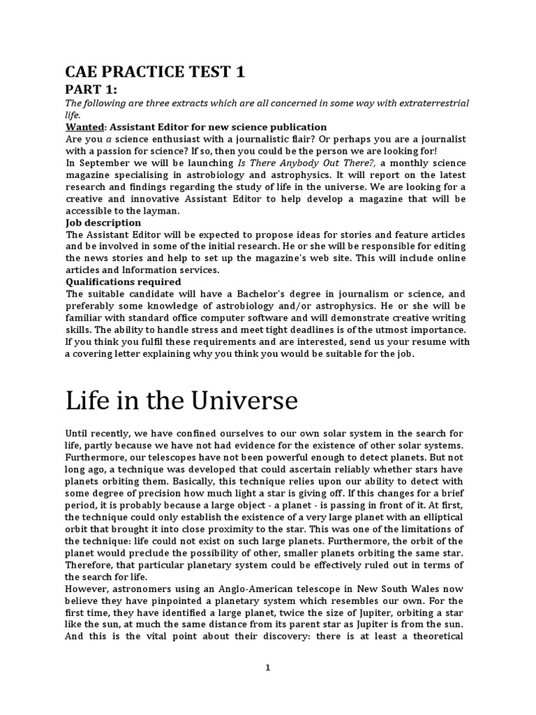 Cae Practice Test 1 | PDF | Planets | Extraterrestrial Life