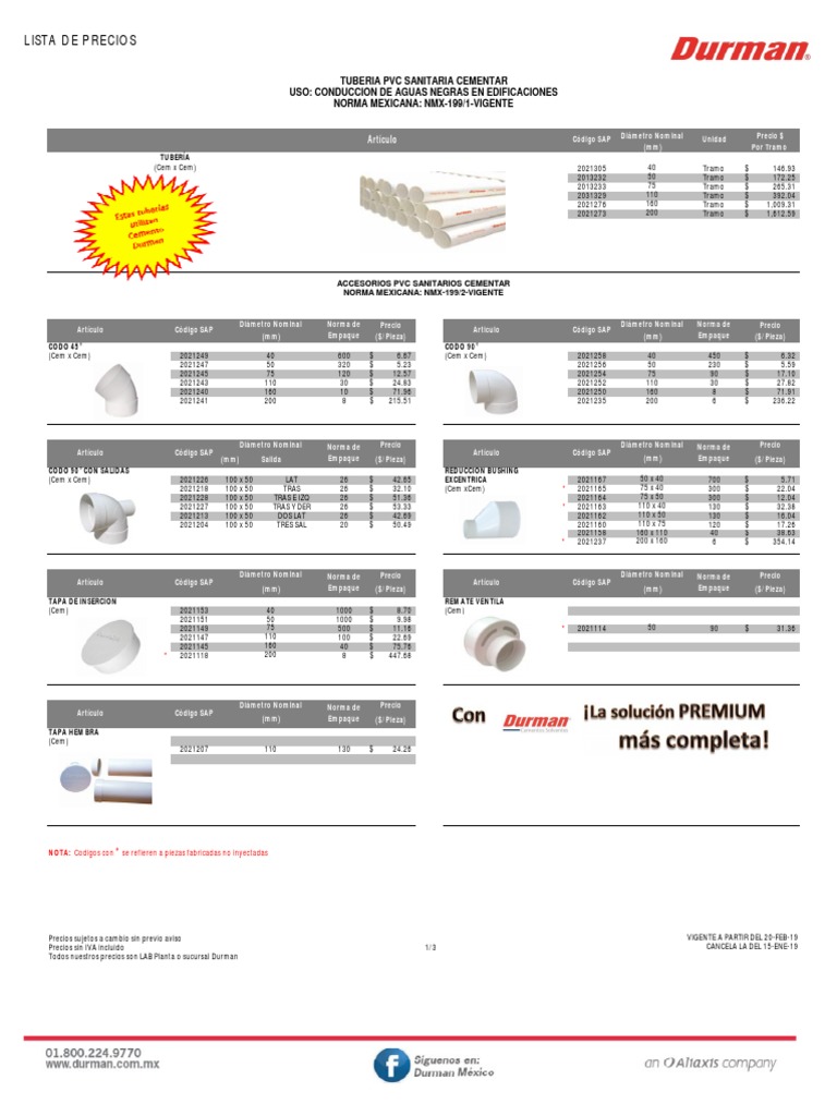 1 - Lista de Precios PVC Sanitario 20feb19 DURMAN | PDF