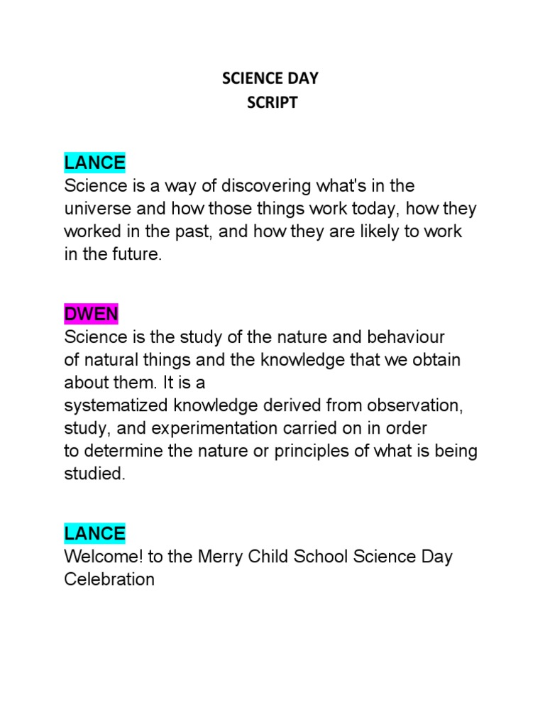 Science Day Script | PDF | Science | Learning
