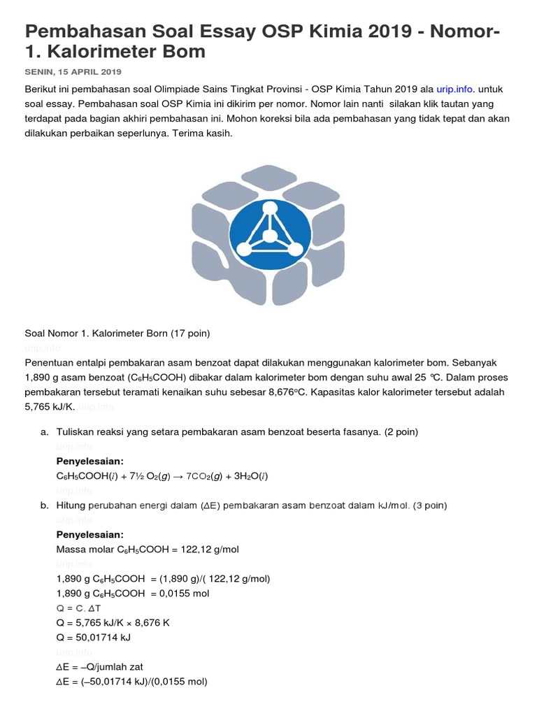 Pembahasan Soal Essay OSP Kimia 2019 | PDF