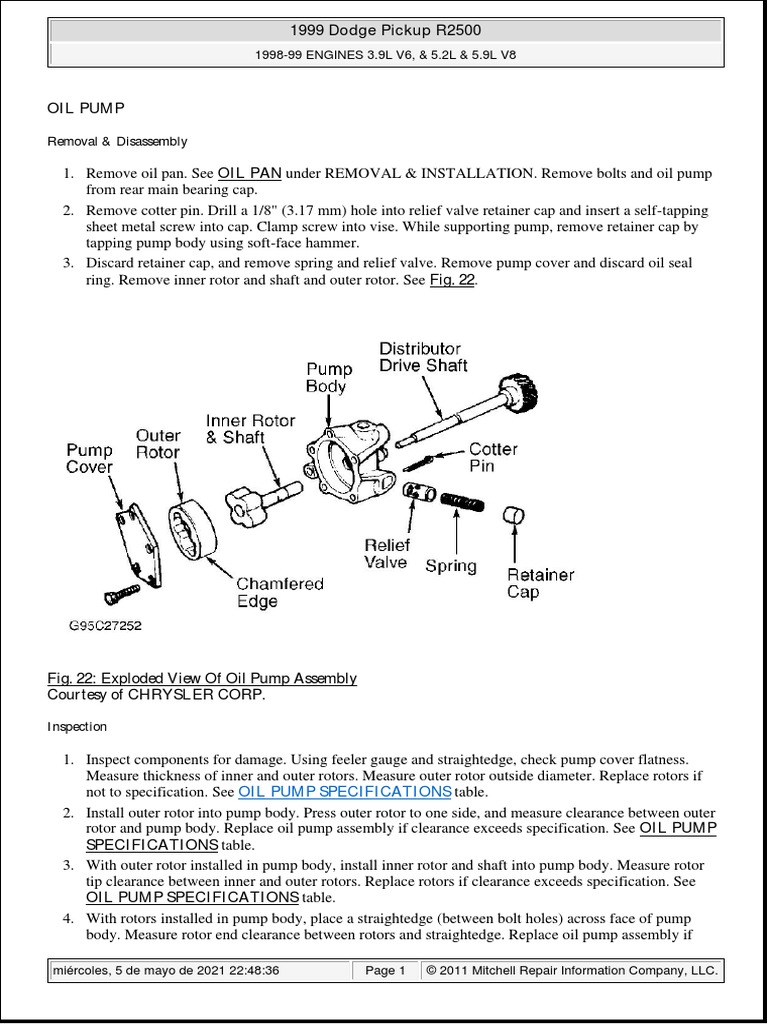 Removal & Disassembly: Oil Pump Specifications | PDF | Pump | Valve