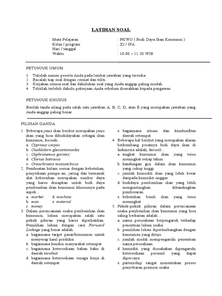 Soal PKWU Budi Daya Ikan Kls. XI | PDF