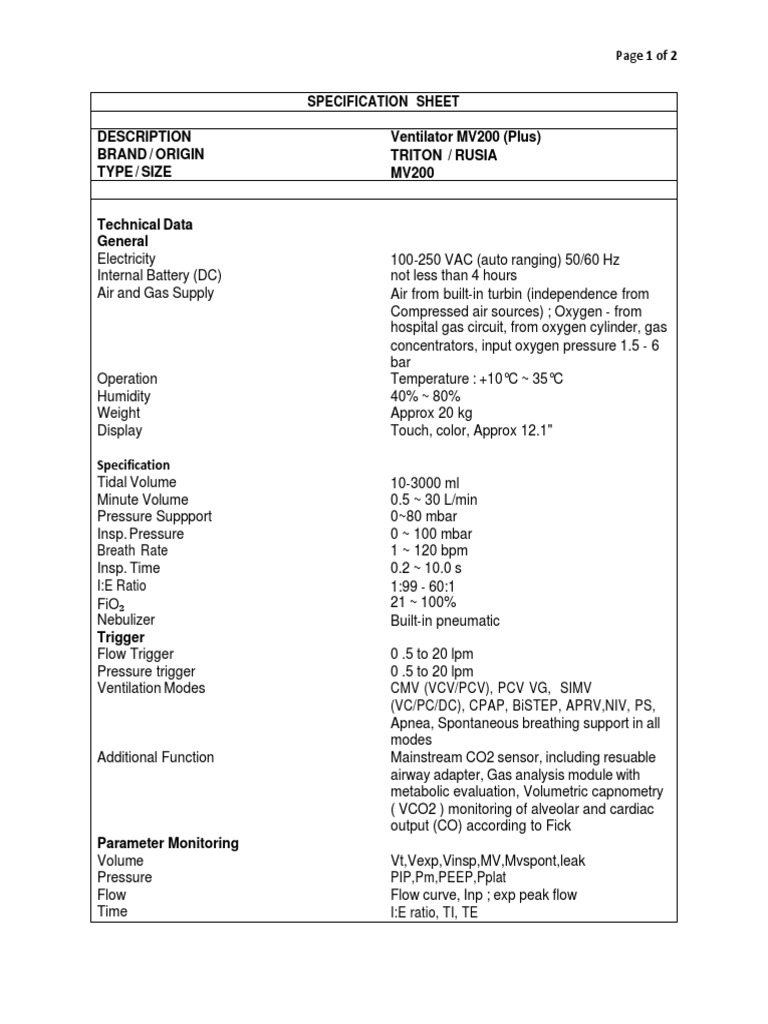 Specification Sheet Description Brand / Origin Type / Size Ventilator ...