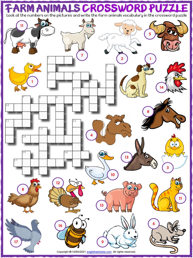Farm Animals Vocabulary Esl Crossword Puzzle Worksheet For Kids | PDF